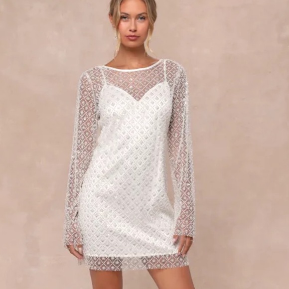 Lulus | Dresses | Lulus Glowing Charisma White Sequin Pearl Mesh Long ...